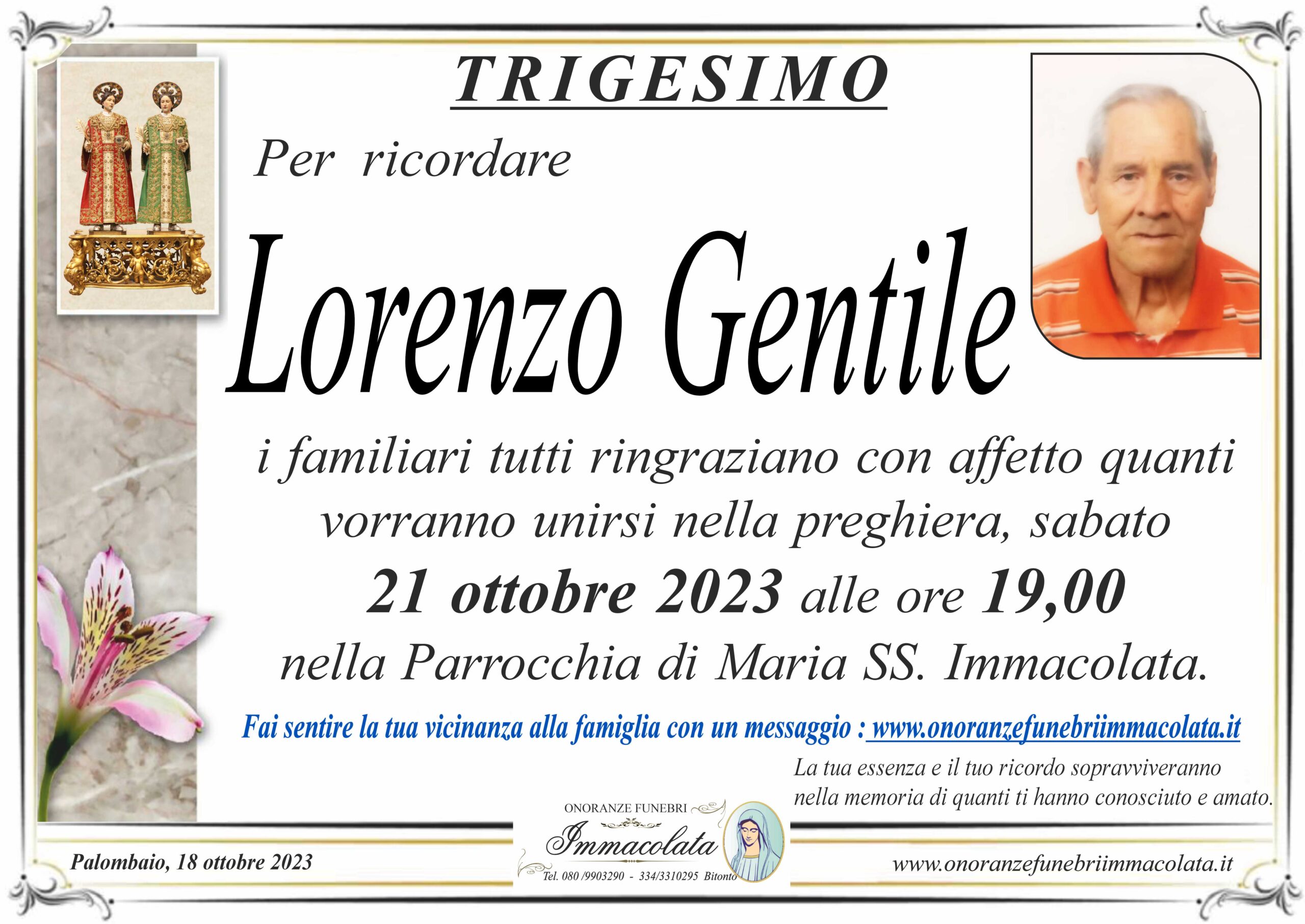 Trigesimo LORENZO GENTILE » Onoranze Funebri Immacolata
