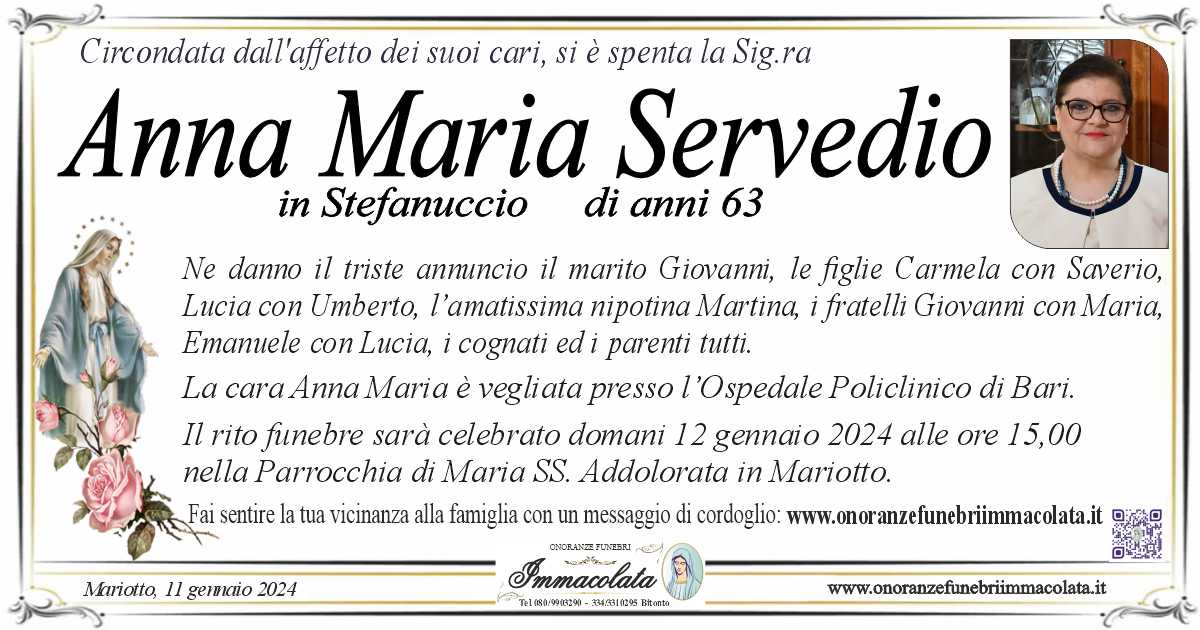 ANNA MARIA SERVEDIO » Onoranze Funebri Immacolata